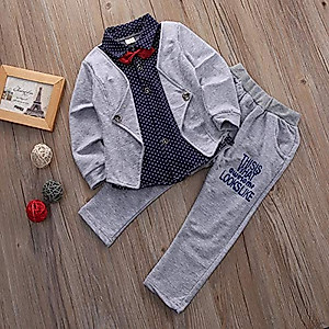 Baby Boys 2PCS Pants Suit, Polka Dot Long Sleeve Bow Folded Collar Button-Down Blouse, Long Elastic Band Pants Set (Grey, 6-12 Months)
