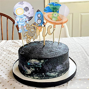 Space One Cake Topper, 1st Boy and Girl Rocket Birthday Decorations, Rustic Chic First Trip Around The Sun Birthday Party Decor - Wooden