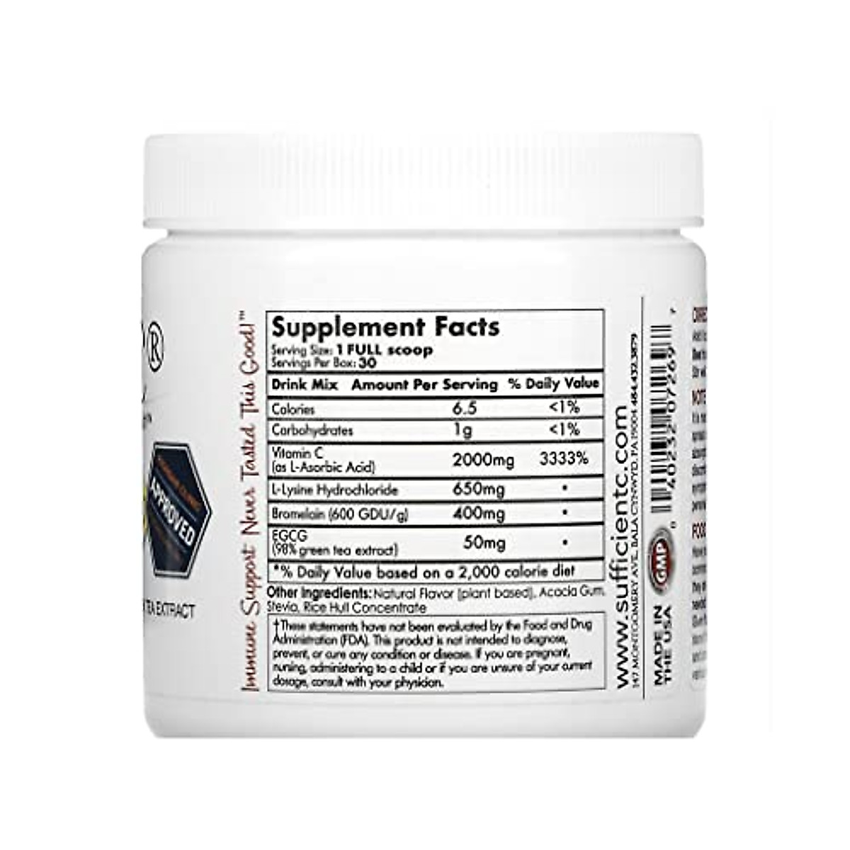 Sufficient-C High Dose Non-GMO Vitamin C Lemon Peach Immune-Ade Drink Mix, Convenient 125 Grams - with L-lysine, Bromelain and a Premium 96% Pure Green Tea Extract - immune, thyroid and collagen support for healthy skin - UTI, acne, cold and canker sore,