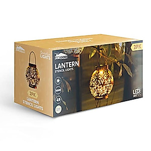 JOIEDOMI 2 Pack Outdoor Solar Hanging Lantern Lights, Waterproof Tabletop Solar Lights with Handle, LED Solar Powered Moroccan Lanterns, Metal Decorative Garden Lights for Patio, Lawn, Porch, Backyard