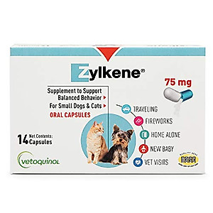 Vetoquinol Zylkene Behavior Support Capsules for Small Dogs and Cats, Calming All Natural Milk Protein Supplement, Helps Relieve Dog Anxiety and Cat Anxiety During Fireworks and Thunder, 75mg