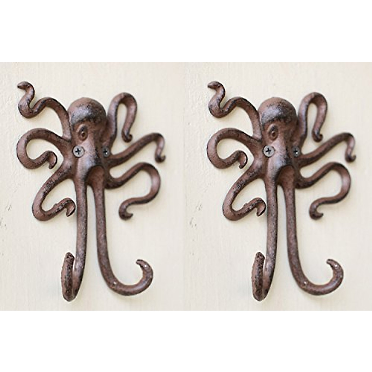Set of 2 Octopus Wall Storage Hanging Hook Rustic Antique Nautical Decoration Cast Iron 5.6 Inches Long By 5.5 Inches Wide By 1 Inch Deep.