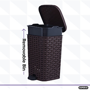 Superio Small Wicker Step On Trash Can with Foot Pedal – Outdoor and Indoor Brown 6 qt Trash Can, Waste Basket for Bathroom, Kitchen, Office, Patio, or Backyard