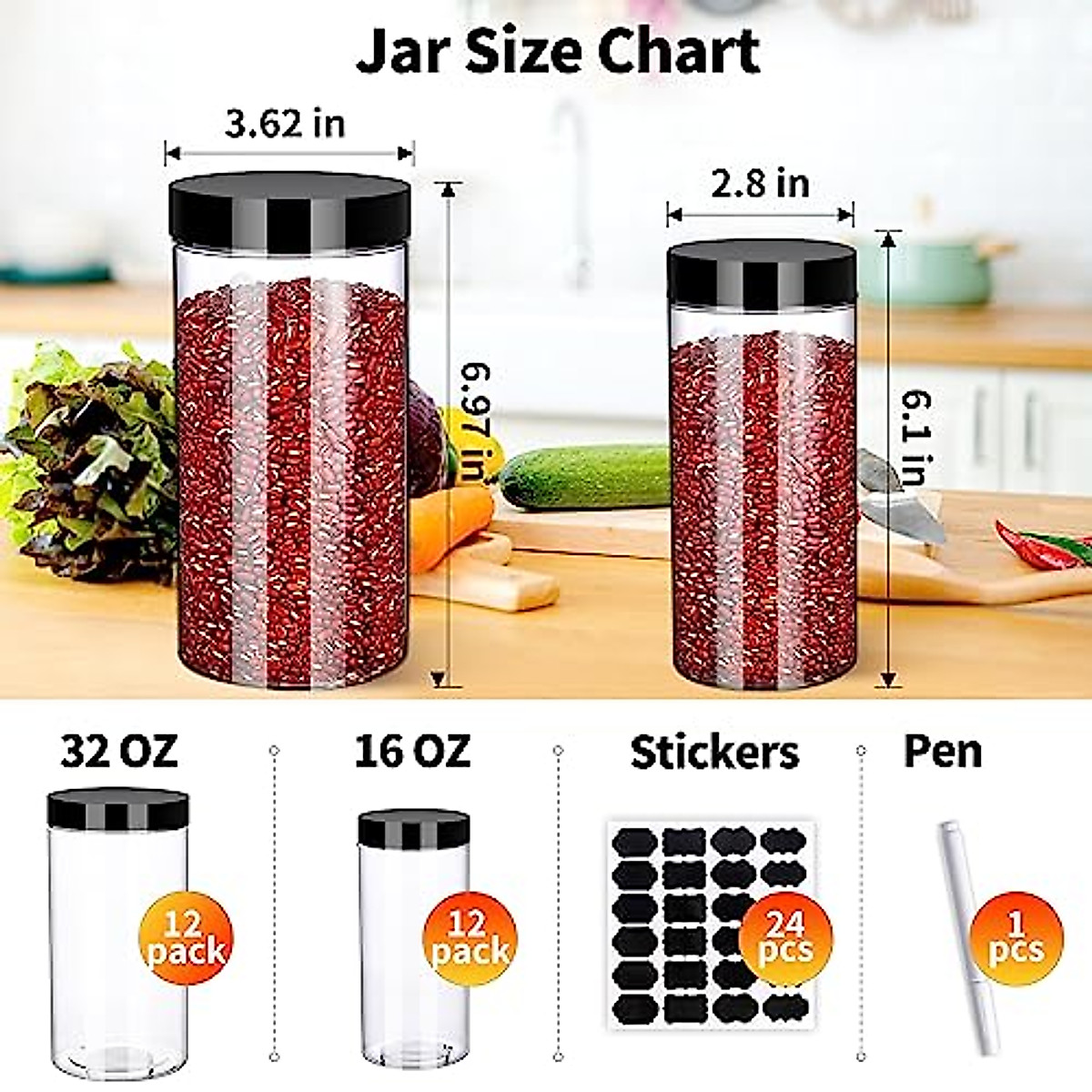 PLastic jars with lids 32 OZ & 16 OZ 24 PACK，Eiark Clear Plastic Storage Jars Containers with Airtight Black Plastic Screw On Lids Cylinder Large Round Jars Easy Clean for Household and Kitchen