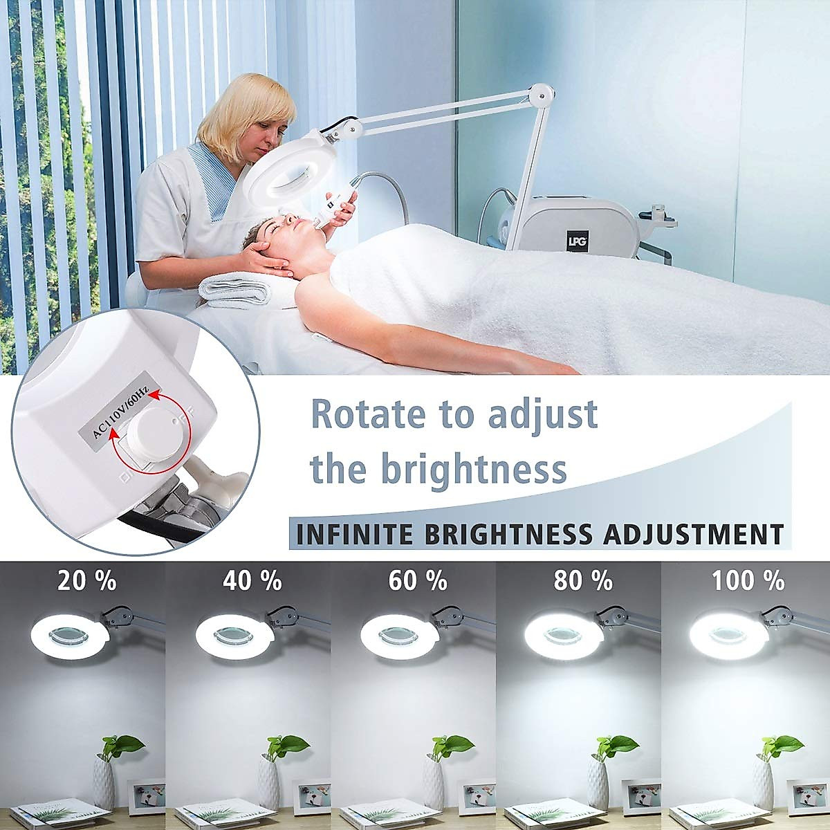 Magnifying Floor lamp with 5 Wheels Rolling Base for Estheticians - 1,500 Lumens LED Dimmable Light with Magnifying Glass, 8-Diopter Lighted Magnifier for Reading, Crafts, Sewing, Close Work(5X)
