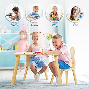 OOOK Wooden Kids Table and Chair Set, Waterproof Desktop Adorable Toddler Table Chairs Set with 2 Animal Chairs