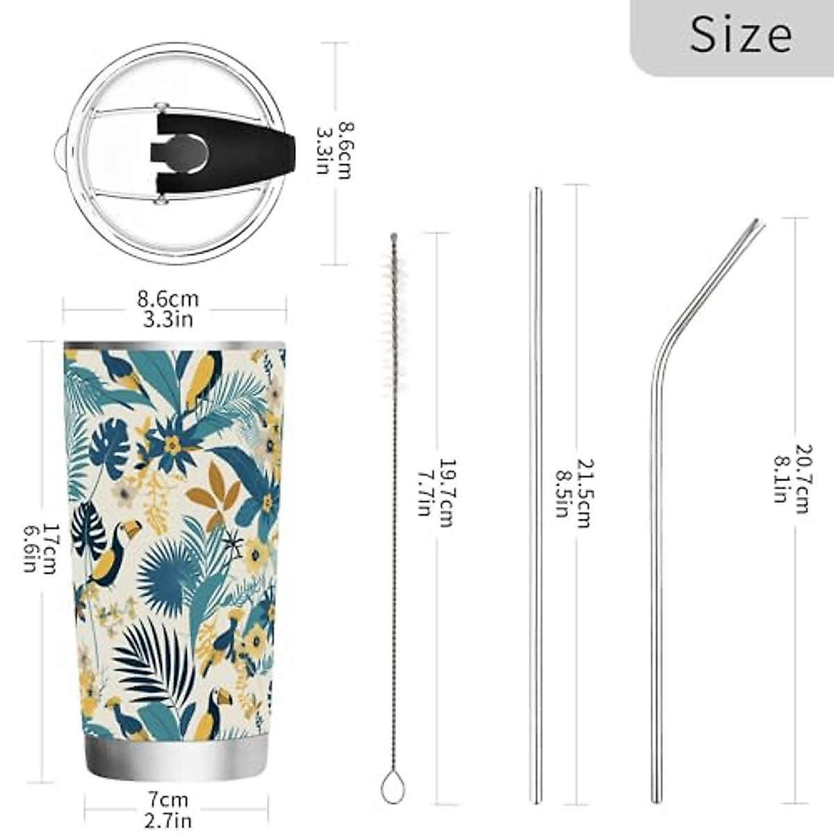 Tropical Style Leaves and Bird Pattern Yellow and Blue Stainless Steel cups with lids with Straw Lid coffee mug to go for outdoor safe insulated tumbler with lid 20 OZ