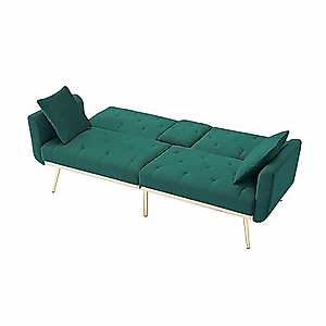 Eafurn Convertible Futon Sofa Bed with 2 Cup Holders, Modern Velvet Split-Back Folding Loveseat Sleeper Couches w/Adjustable Tufted Backrest,Square Armrest Sofabed, Dark Green 72.4" with 2 Pillows