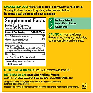 Nature Made Magnesium Complex with Vitamin D and Zinc Supplements, Magnesium Supplement for Muscle, Nerve, Heart & Bone Support with Vitamin D3 & Zinc for Immune Support, 60 Capsules, 30 Day Supply