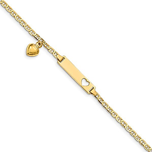 14K Yellow Gold Heart Love Dangling Anchor Mariner Link Name Bar Identification ID Bracelet