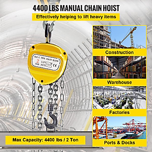 BestEquip Chain Hoist 4400lbs/2ton Chain Block Hoist Manual Chain Hoist 3m/10ft Block Chain Hand Chain Lifting Hoist w/Two Hooks Chain Pulley Tackle Hoist Winch Lifting Pulling Equipment Yellow