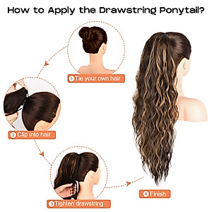 SEIKEA 26" Ponytail Extension Drawstring Ponytail，PT003 Eva for Women Long Thick Wavy Clip in Hair Extensions Ponytail Natural Soft Synthetic Hairpiece for Women Dark Chocolate Brown