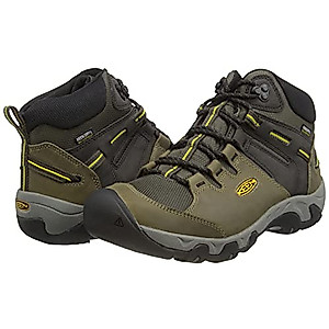 KEEN Men's Steens Mid Height Leather Waterproof Hiking Boots, Black Olive Yellow, 8.5