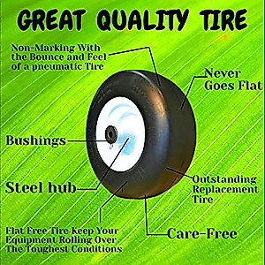 (2-Pcs-Set) New 11x4.00-5 Flat-Free Lawn Mower Smooth Tires w/Steel Rim for Zero Turn Lawn Mower Garden Tractor - hub 3"-5" with 3/4" Bore 114005 T161