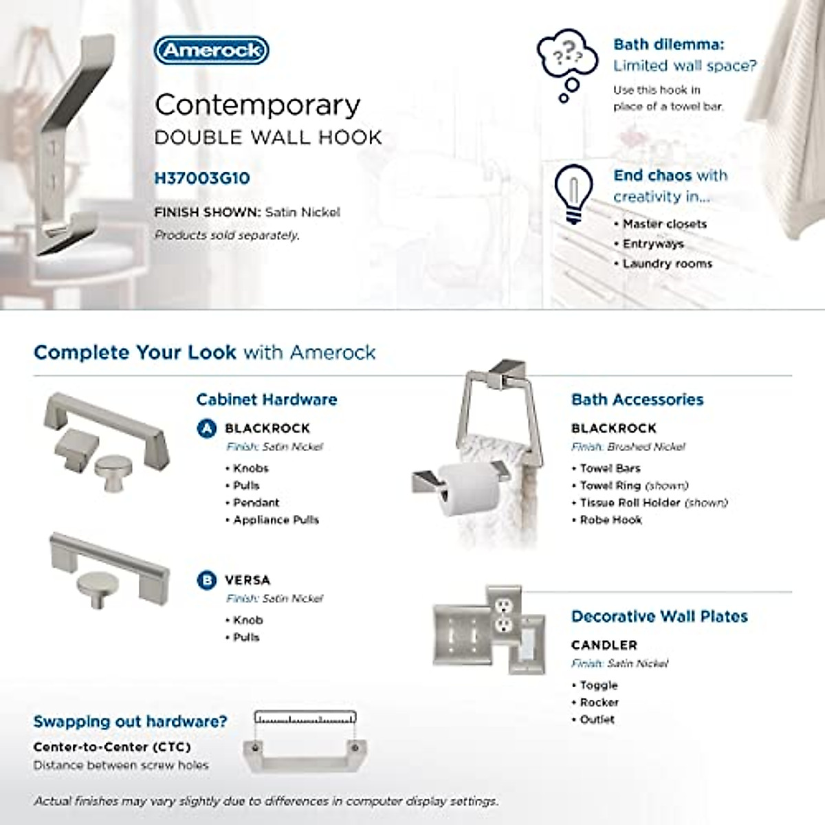 Amerock H37003G10 | Emerge Double Prong Decorative Wall Hook | Satin Nickel Hook for Coats, Hats, Backpacks, Bags | Hooks for Bathroom, Bedroom, Closet, Entryway, Laundry Room, Office