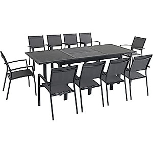 Hanover 11-Piece 40" x 94" Cameron Modern Outdoor Dining Set, 10 Stackable Sling Chairs, 40'' x 94'' Expandable Table, Durable, Weather Protected Aluminum Frame, Gray