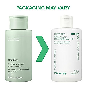innisfree Green Tea Amino Acid Cleansing Water, Hydrating Micellar Water, Korean Skincare Makeup Remover, Dermatologist Tested (Packaging May Vary)