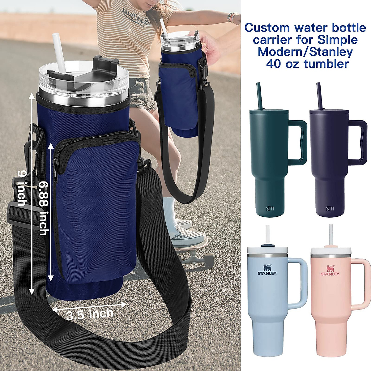 Xxerciz Water Bottle Carrier Bag with Phone Pocket for Stanley 40oz Tumbler with Handle, Nylon Water Bottle Holder Pouch with Adjustable Strap, Bottle Sling Sleeve for Stanley Cup Accessories
