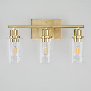 EMONG Gold Bathroom Light Fixtures, 3-Lights Vanity Light with Clear Glass Shade, Brushed Brass Wall Sconce for Hallway, Farmhouse, Living Room