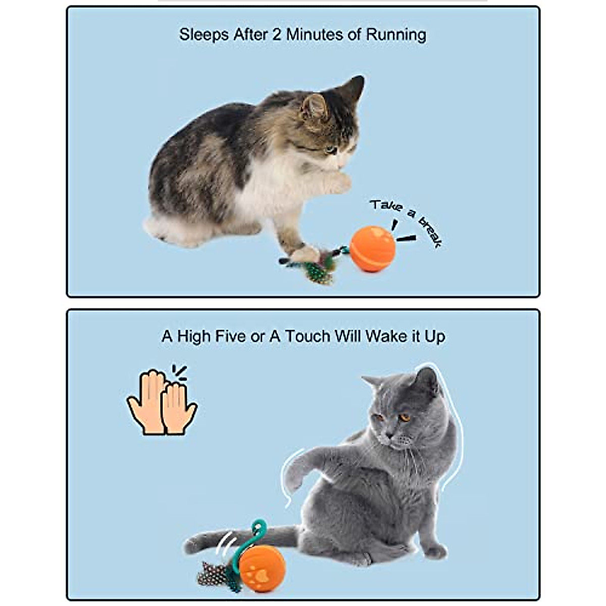 RRETECK Automatic Moving Cat Toys, Cute Interactive Cat Toys for Indoor, Cats Ball Bundle + Feather Kitten Toys in Pack. Smart Electric Teaser Cat Feather Toys, USB Rechargeable, 3 Feathers