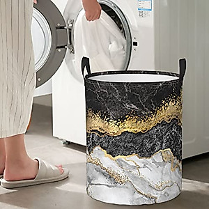 Round Single Black White Gold Foil Marble Dirty Laundry Hamper,Storage Bin Organizer Laundry Hamper Portable Laundry