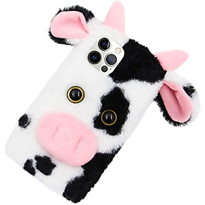 Girlyard Milk Cow Case for iPhone 8 Plus / 7 Plus, Cute 3D Cartoon Dairy Cattle Fluffy Hairy Silicone Cover Fuzzy Warm Faux Stuffed Plush Doll Soft Furry Protective Shell for Women Girls - Black