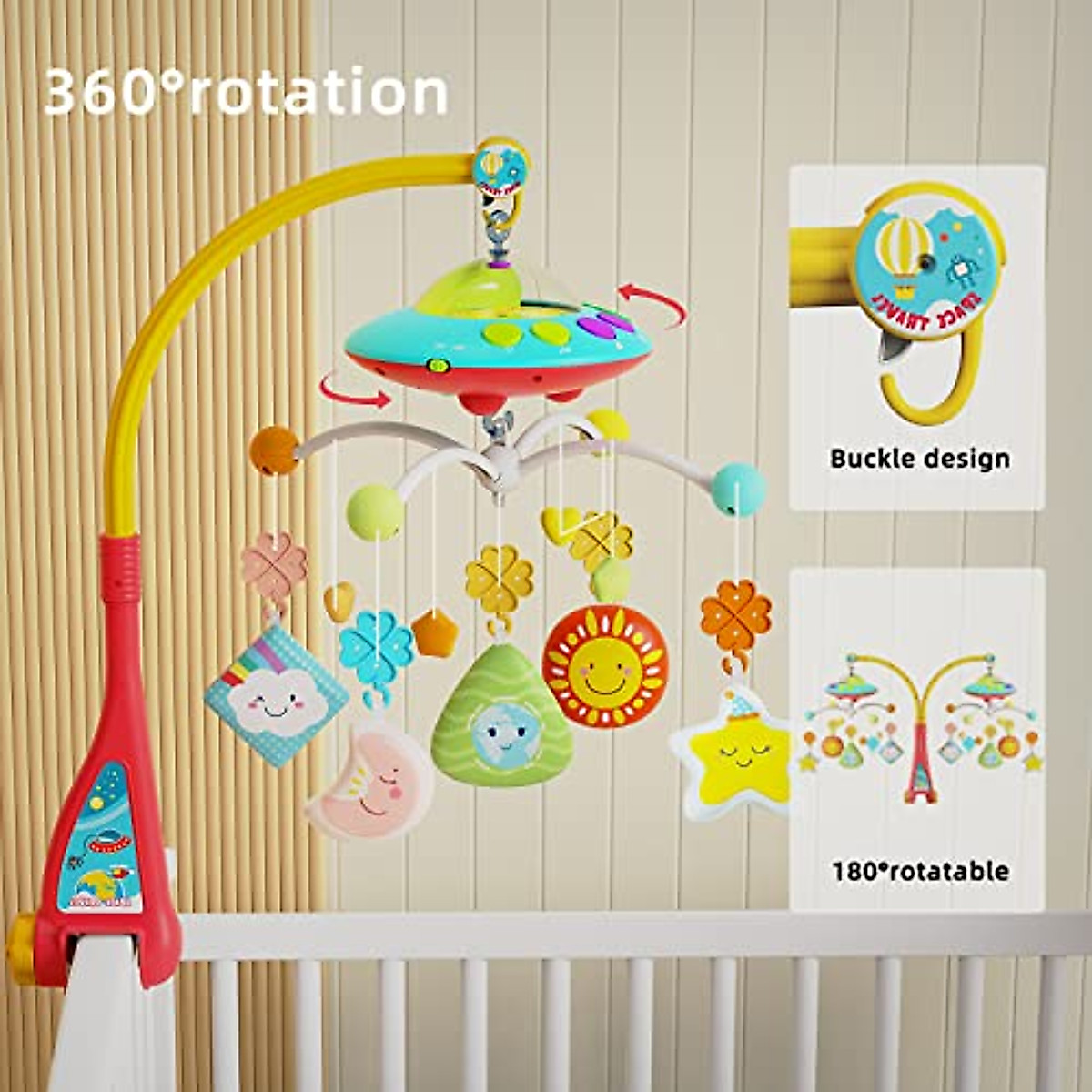 Eners Baby Crib Mobile with Music and Lights, Mobile for Crib with Remote Control, Rotation, Moon and Star Projection, Baby Crib Toys for Boys Girls (Yellow)