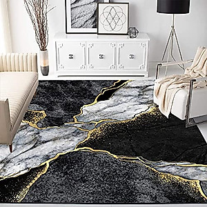 Nordic Modern Abstract Marble Area Rugs Luxury Black Grey Gold Floor Mats Fluffy Soft Machine Washable Breathable Durable for Hotel Home Decor Doormat Entrance Hall Yoga Room Patio,5ft x 7ft