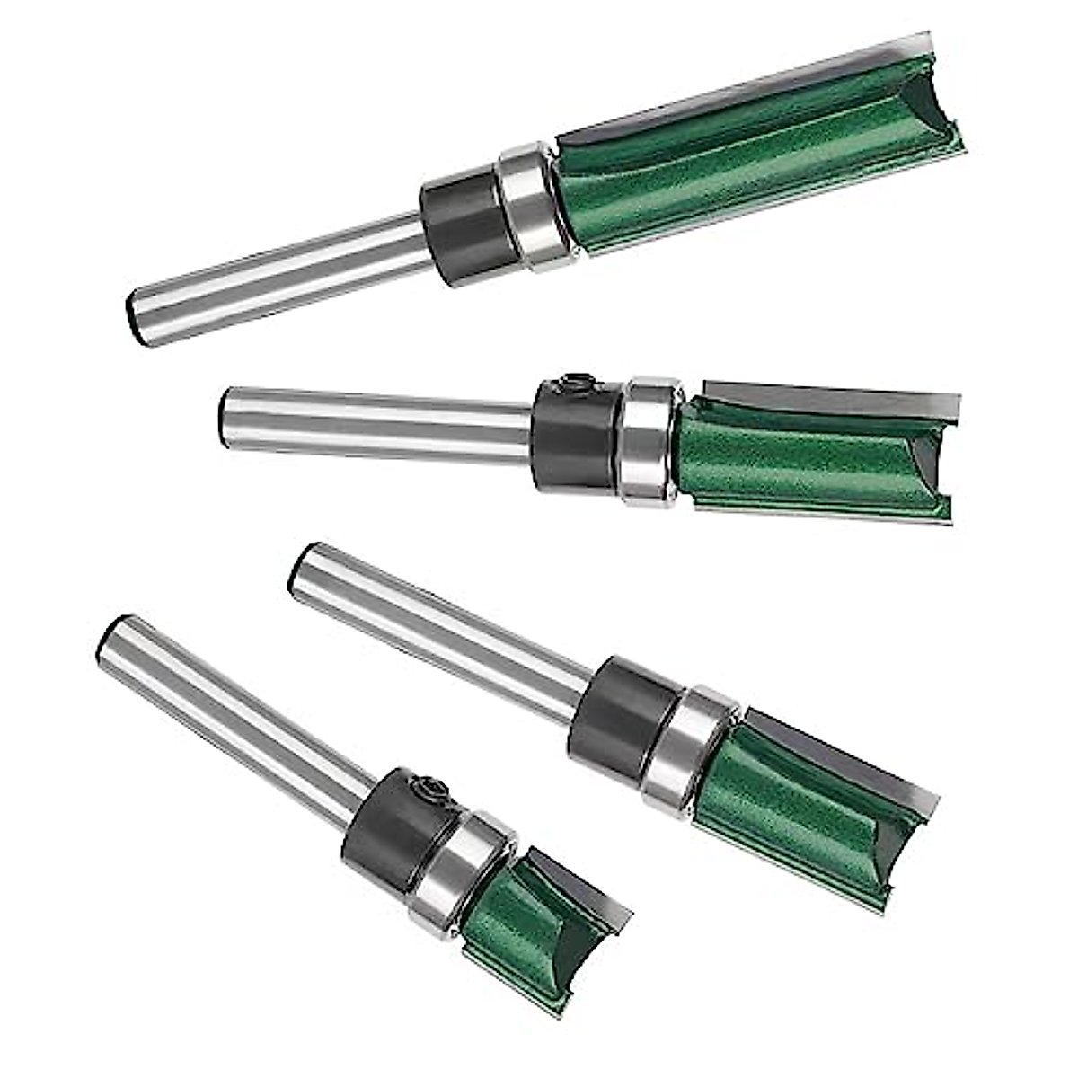 TOTOWOOD Top Bearing Flush Trim Router Bit ， 4 Pcs Pattern Flush Trim Router Bit Set，1/4 Inch Shank，Cutting Height in 15/32”, 3/4”, 1”, 1-1/2”,Flush Trim Cut Router Bits (Pattern Flush Trim)