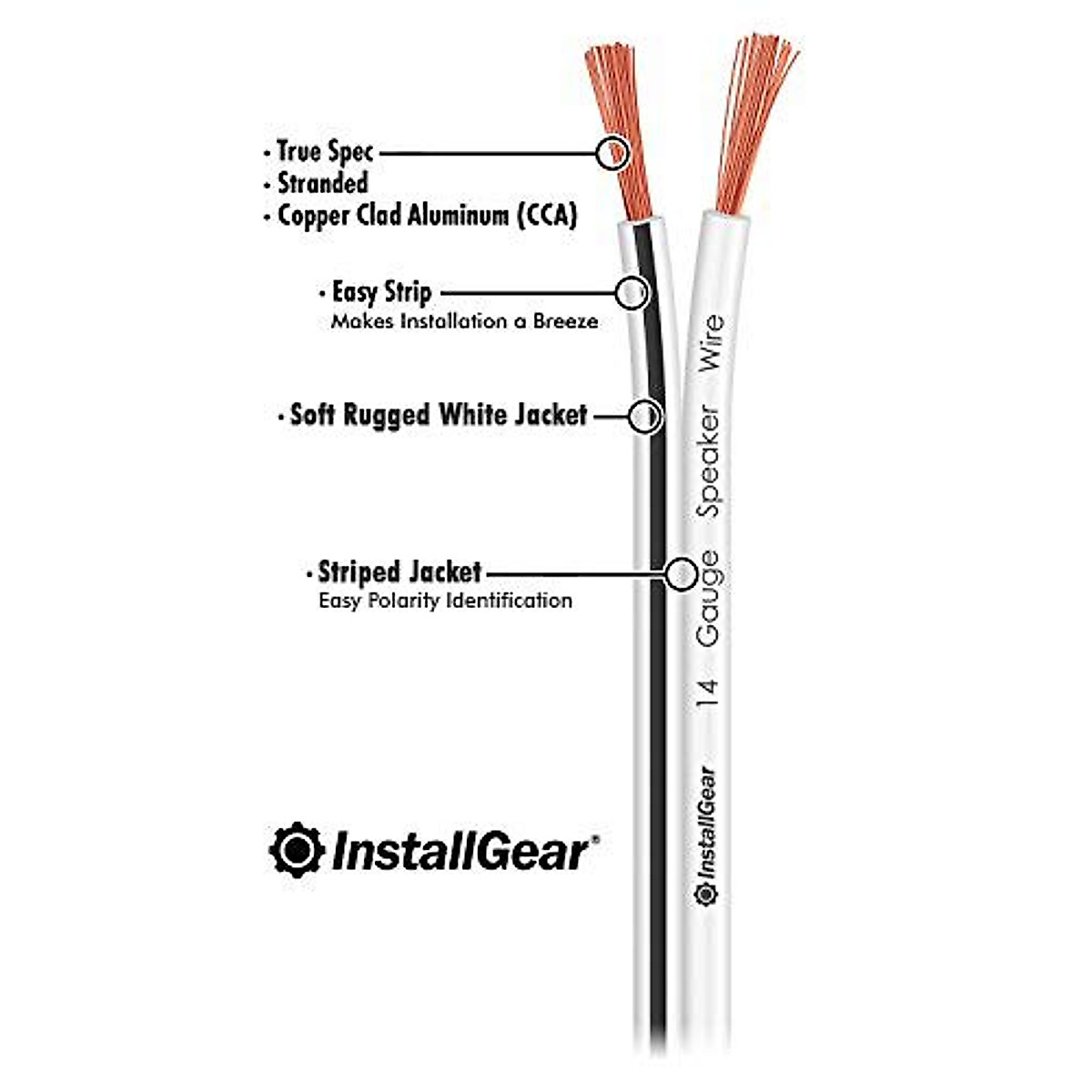 InstallGear 14 Gauge AWG Speaker Wire Cable (100ft - White) | White Speaker Cable | Speaker Wire 14 Gauge | 14 Gauge Wire for Outdoor, Automotive, and Marine
