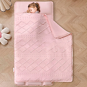 Tufted Toddler Nap Mats for Preschool Daycare Girls Pink Jacquard Tufts Kids Sleeping Mats Toddler Slumber Bag Nap Pad with Removable Pillow for Girls Boys Kindergarten Sleepovers Travel and Camping