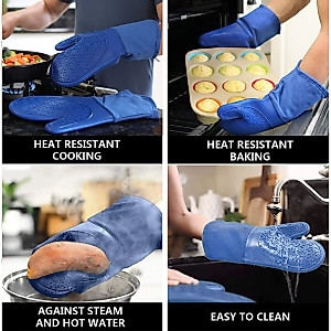 ALLIE ZENG Extra Long Professional Silicone Oven Mitt, Durable Flexible Heat Resistant Oven Gloves with Quilted Line for BBQ, Baking, Cooking and Grilling - 1 Pair 13.7 Inch Navy Blue