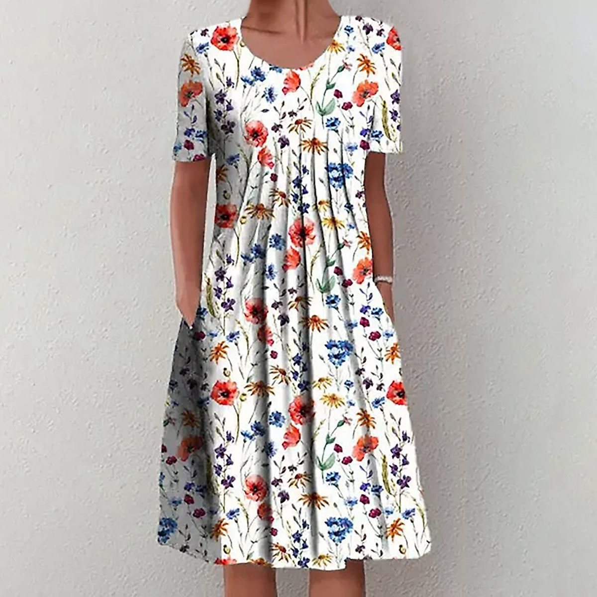Floral Printed Casual Dress for Women Summer Crewneck Short Sleeve Swing Pleated Midi Dress Beach Party Sundress White