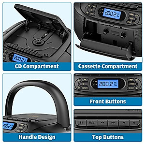 Portable CD Player with Bluetooth, Hernpark Rechargeable Boombox CD Cassette Player Combo with FM Radio Built-in Stereo Sound System/Super Bass/AUX Input/USB Playback/Headphone Jack Output