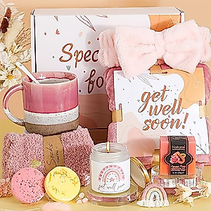 Get Well Soon Gifts for Women, Care Package Gift Feel Better Basket，Personalized Gifts After Surgery Recovery Gift Thinking of You Box with Blanket Coffee Tumbler for Women Friends Female