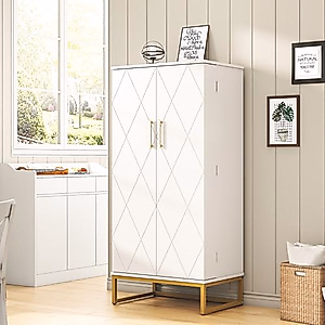 kepptory 51” Pantry Cabinets, White Freestanding Kitchen Pantry Storage Cabinet with Adjustable Shelves, Buffet Cupboards Storage Cabinet for Home Office Use, White + Gold