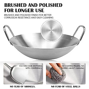 LNQ LUNIQI Stainless Steel Wok Round Bottom Chinese Wok with Double Handle Professional Grade Wok for Home Restaurant Kitchen (26cm/10.2 Inch)