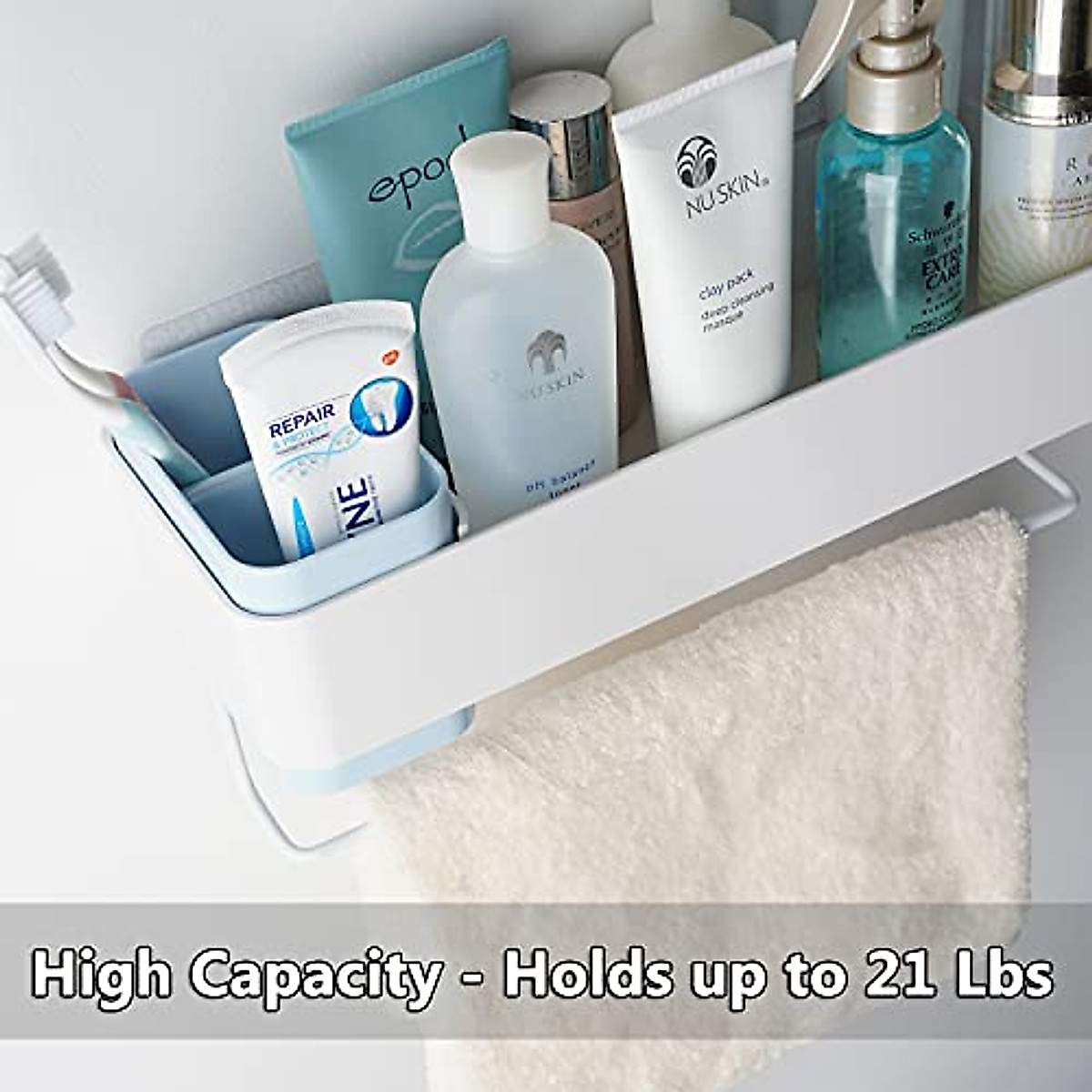 MORNITE Bathroom Organizer Mirror, Restroom Shelf Adhesive Wall Mount No Drilling Basket Rack Shelves Shower Caddy Blue