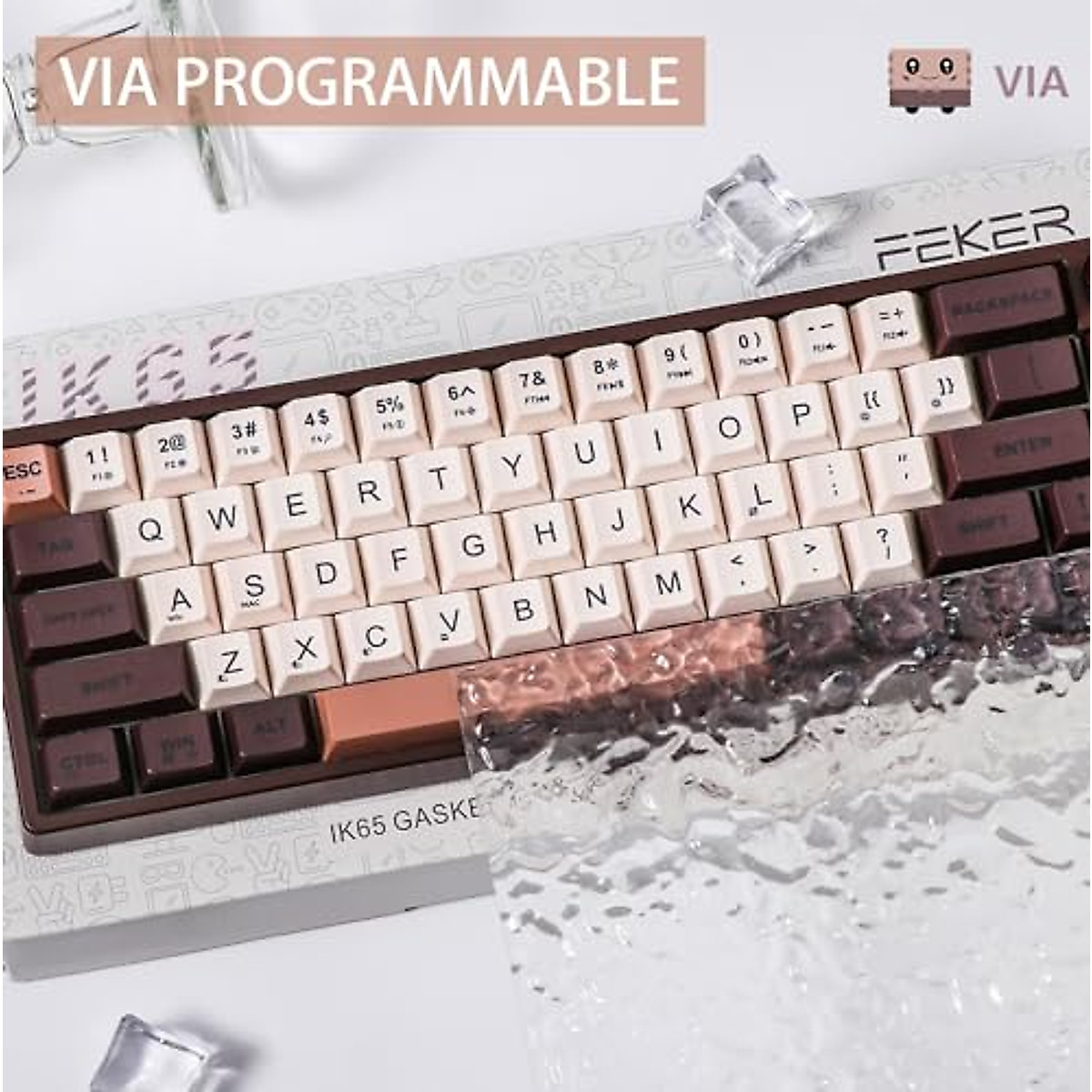 Feker IK65 VIA Programmable 2.4G/BT5.0/USB-C Mechanical Keyboard, 65% Hot Swappable Gasket-Mounted, with Sound Dampening Foams Kit, Volume-Control Knob, 4000mAh Battery, RGB for Win/Mac (Brown Knob)