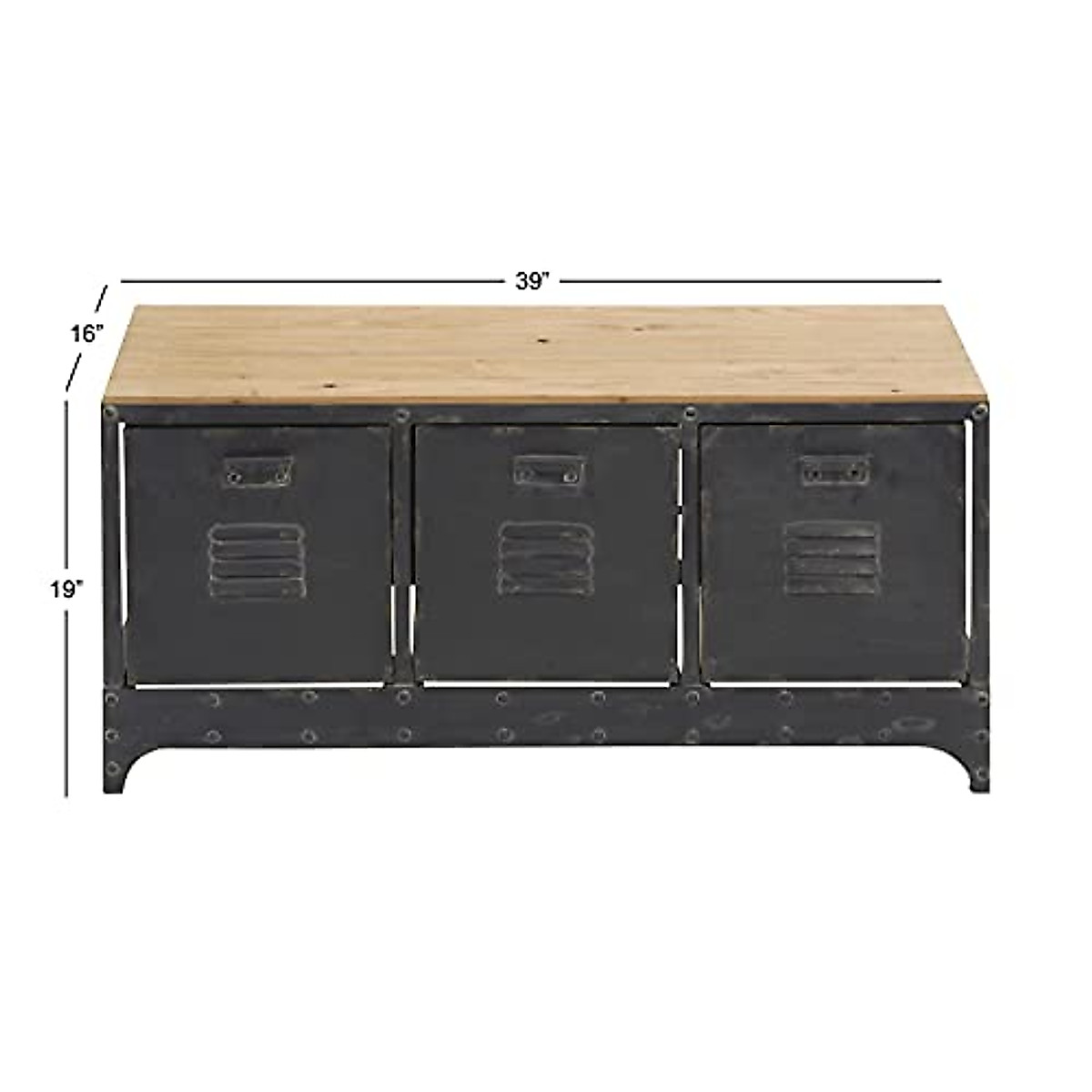 Deco 79 Metal Low Profile File Cabinet 3 Drawers Storage Bench with Brown Wood Top, 39" x 16" x 19", Black