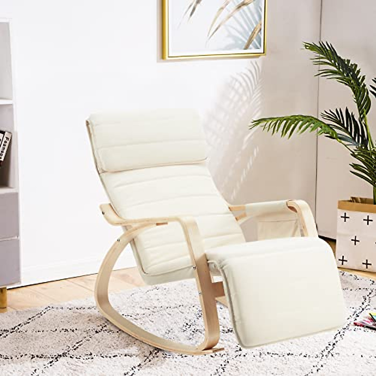 JOMEED Rocking Chair, Rocking Armchair with Fabric Padded Seat,Wooden Based, Adjustable Footrest for Living Room, Bedroom, Balcony, Nursery Room