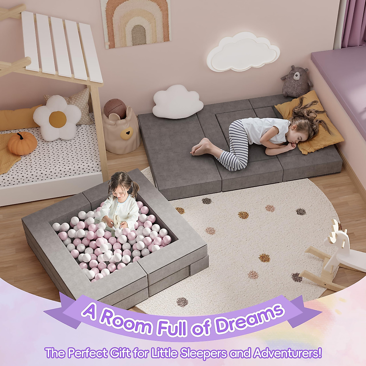 Xilingol Kids Couch Toddler Couch, 10Pcs Kids Modular Play Couch, Kids Sofa with Ottomans, Convertible Foam Couch Play Set for Creative Child, Kids Furniture for Playroom (Gray)