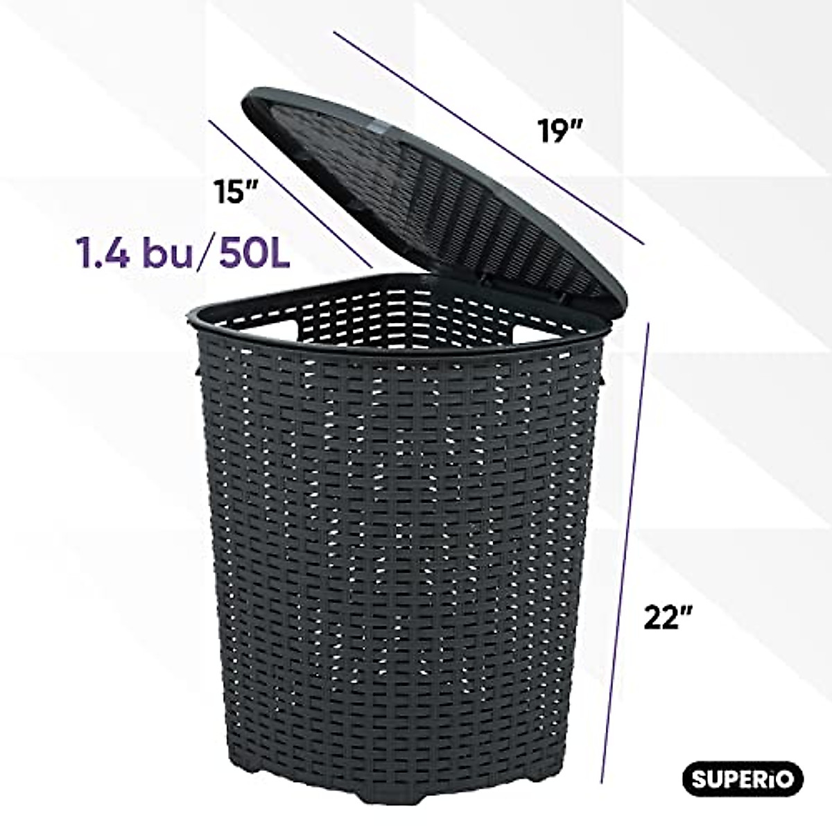 Plastic Corner Laundry Hamper with Lid, Curved Designed Laundry Basket, 2 Pack Triangle Grey Cloths Hamper Organizer with Cut-out Handles for Laundry Room Bedroom Bathroom, Wicker Design, 50 Liter