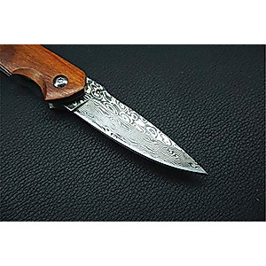 KUNSON Folding Pocket Knife 2.6” Damascus Steel Blade and Natural Classic Red Sandalwood Handle Design, Outdoor EDC Portable Carry Keychain Knife
