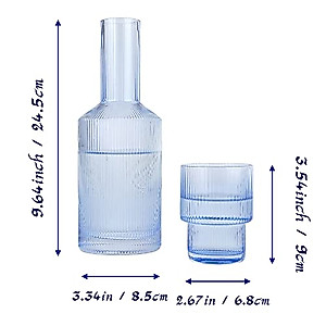 Bedside Water Carafe and Glass Set, Blue Night Water Pitcher with Glass Cup for Nightstand, Modern Mouthwash Dispenser with Tumbler Lid for Keeps Water Clean in Bedroom, Bathroom, or Kitchen