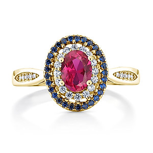 Gem Stone King 18K Yellow Gold Plated Silver 7X5MM Oval Gemstone Birthstone Double Halo Wedding Engagement Anniversary Promise Ring For Women | Available In Size 5, 6, 7, 8, 9