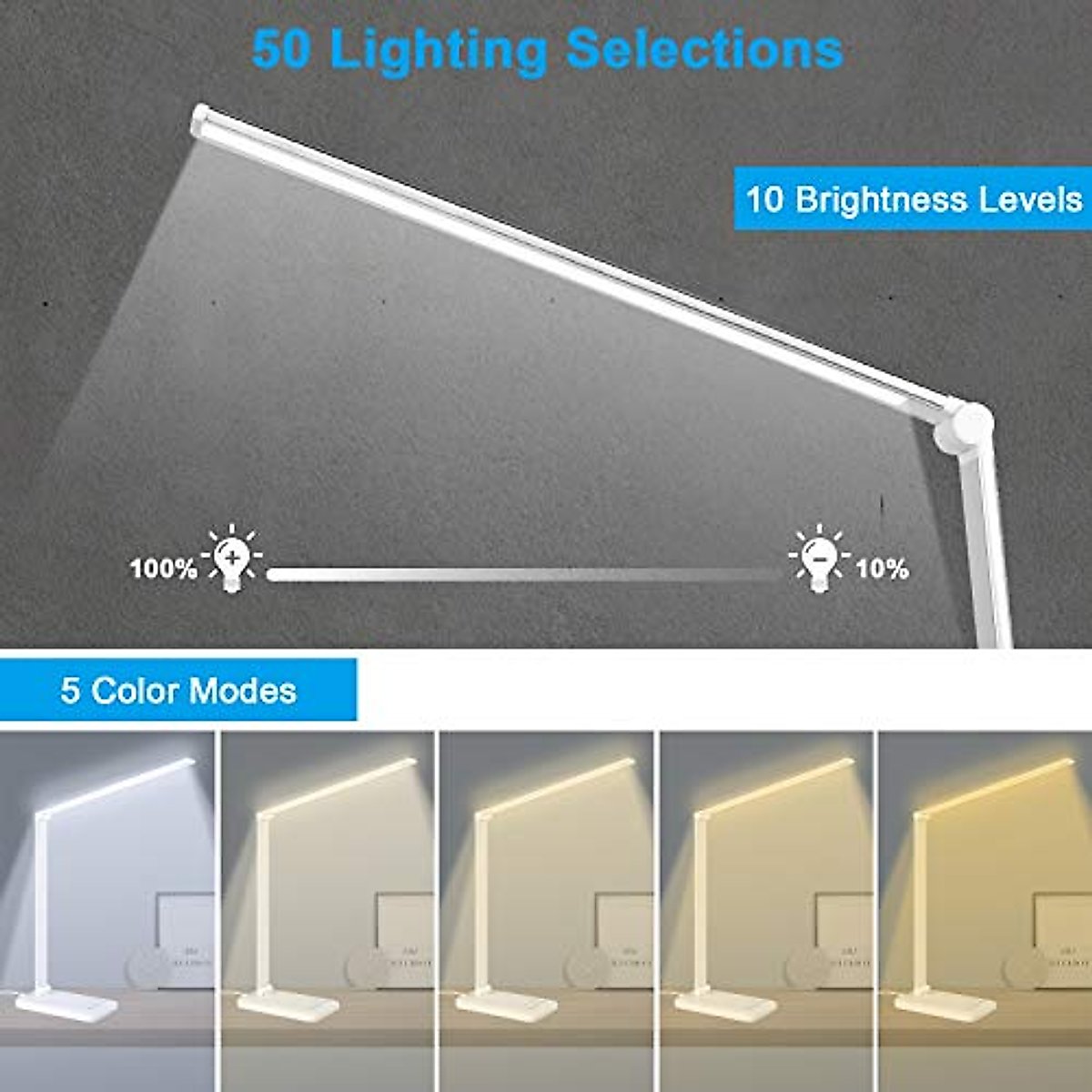 Linkstyle LED Desk Lamp, Table Light with USB Charging Port, Foldable Dimmable 5 Modes 10 Brightness Levels Touch Control Desk Light Auto Timer Eye Caring Book Reading Lamps for Home Office