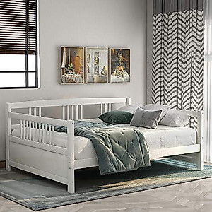 Merax Wood Daybed Bed Frame No Box Spring Needed, Dual-Use Sturdy Sofa for Bedroom or Living Room Platform, Full, White