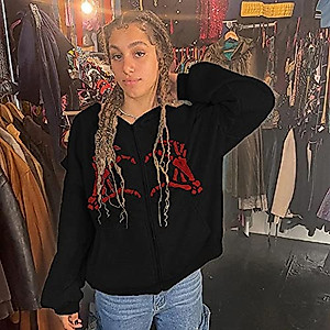 NUFIWI Vintage Zip Up Hoodies for Women Rhinestone Graphic Oversized Sweatshirts Aesthetic Pullover Jackets Gothic Streetwear(Gesture Black Heart,L)