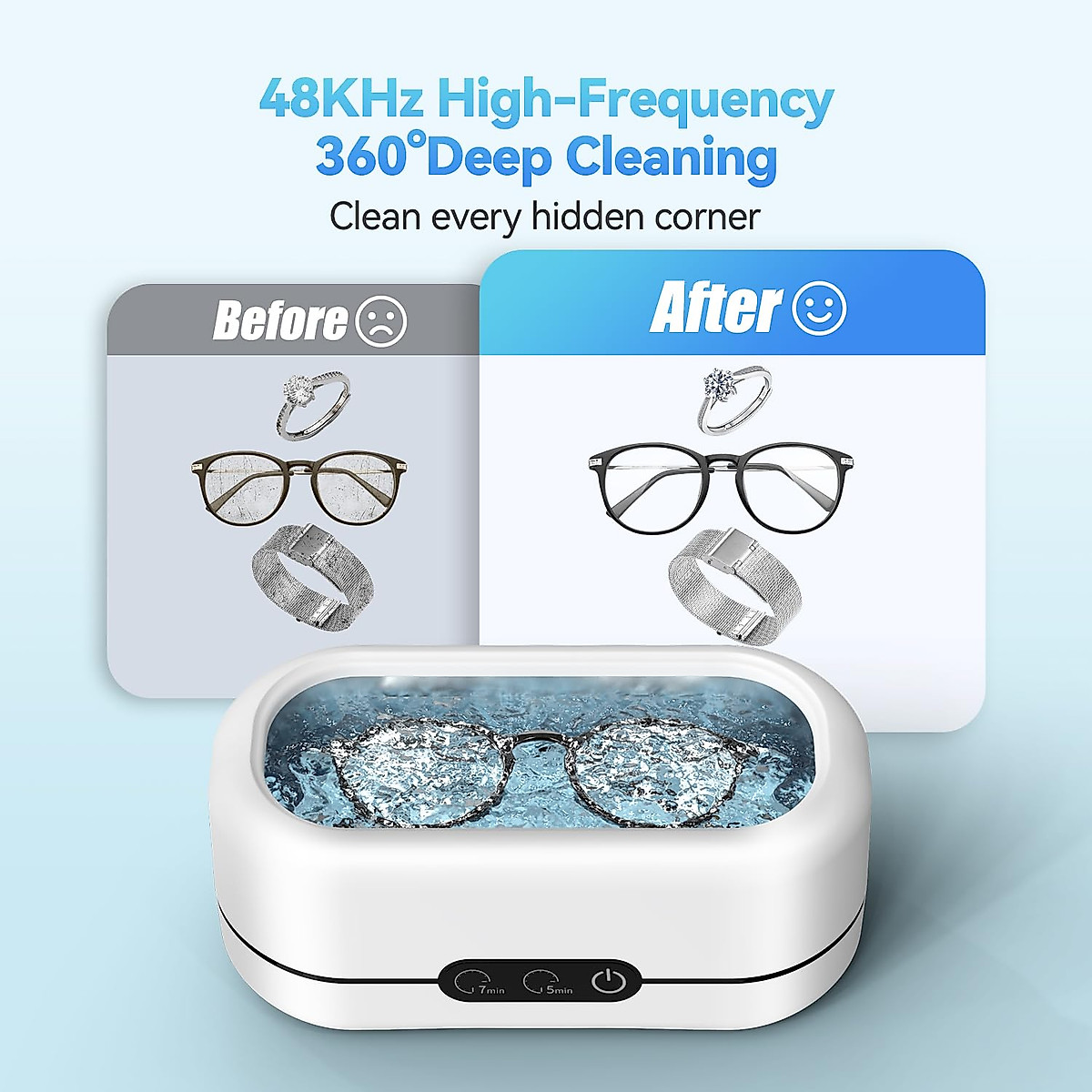 BYASKZIV Ultrasonic Jewelry Cleaner, 48KHz Ultrasonic Cleaner Machine for Jewelry, Eyeglasses, Rings, Watch Strap, Dentures- Dual Cleaning Modes, 304 Stainless Steel Tank